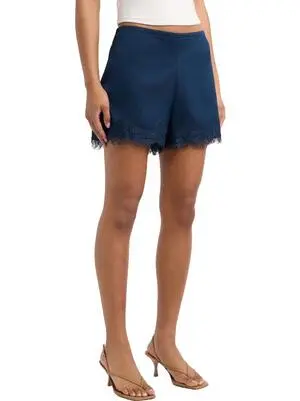 WAYF Elaine Lace Trim Matte Satin Shorts - Navy