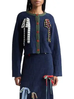YANYAN Multicolored Bow Lambswool & Cotton Cardigan - Navy