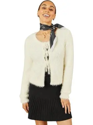 YUMI Eyelash Knit Bolero With Front Tie Detail - Ivory