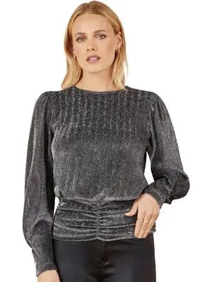 YUMI Metallic Stretch Ruched Hem Long Sleeve Top - Black