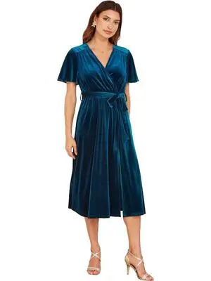YUMI Velvet Split Hem Midi Dress - Teal