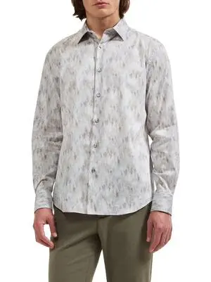 Bugatchi Julian Shaped Fit Print Stretch Button-up Shirt - Limestone