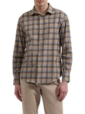 Bugatchi Julian Plaid Cotton Button Up Shirt Camel