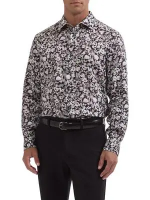 Bugatchi Julian Floral Print Long Sleeve Button-up Shirt Black