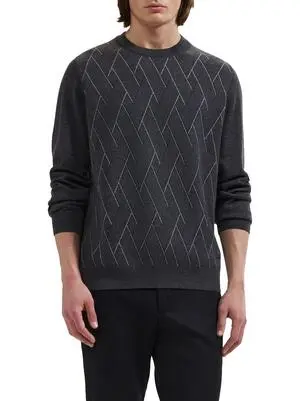Bugatchi Geometric Extrafine Merino Wool Crewneck Sweater - Anthracite
