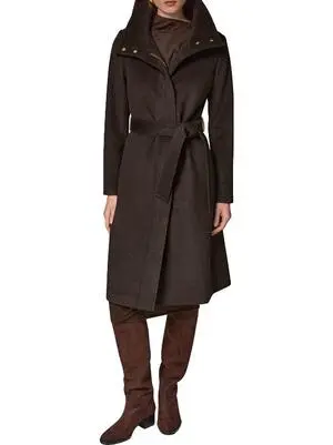 Donna Karan New York Belted Funnel Neck Wool Blend Coat Chocolate