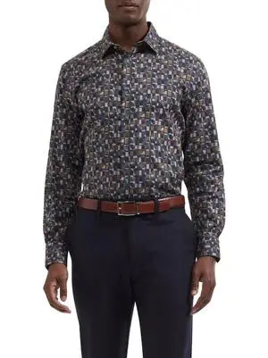 Bugatchi Julian Shaped Geometric Print Cotton Shirt Ink
