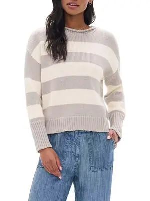 HATLEY Striped Cotton Rolled Collar Sweater - Beige
