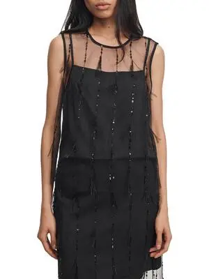 Rag & Bone Geena Sequin Ostrich Feather Tank - Black
