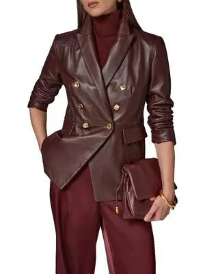Donna Karan New York Donna Karan New York Double-Breasted Leather Blazer Black Cherry