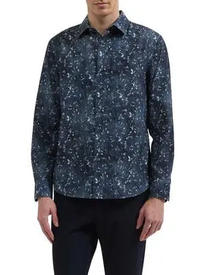 Bugatchi Julian Shaped Fit Leaf Print Button-up Shirt Ink