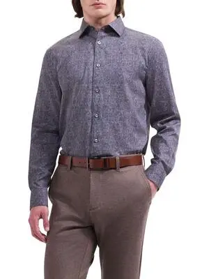 Bugatchi Alvin Shaped Fit Herringbone Cotton Shirt - Anthracite