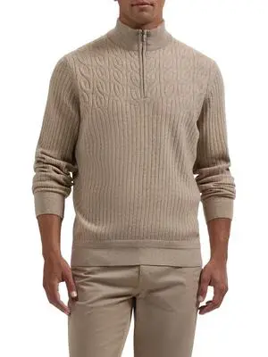 Bugatchi Cotton And Cashmere Quarter Zip Sweater With Cable Stitching - Cobblestone