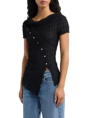 BDG URBAN OUTFITTERS Asymmetrical Button Textured Short Sleeve Top - Black