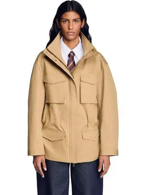 Sandro Jacket With Drawstring Waist And Stand Collar - Camel