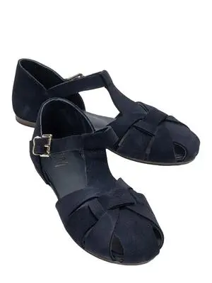 FOREVER & ALWAYS SHOES Falina Braided Leather Flat Sandals - Navy Suede