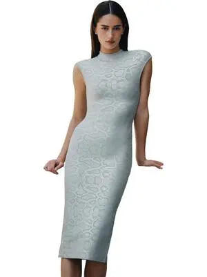 Herve Leger Metallic Snake Print Mock Neck Midi Dress - Silver Foil