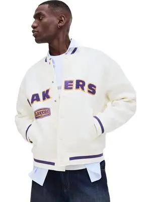 H&M Loose-fit Scuba Knit Baseball Jacket - White/nba