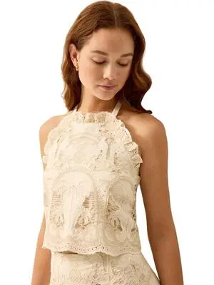 MARIE OLIVER Bethany Embroidered Halter Neck Cropped Top - Shore