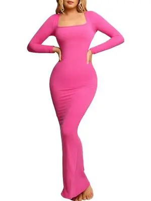 POPILUSH Shapewear Square Neck Long Sleeve Slimming Modal Maxi Dress - Blush