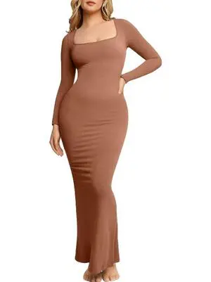 POPILUSH Shapewear Square Neck Long Sleeve Slimming Modal Maxi Dress - Chocolate