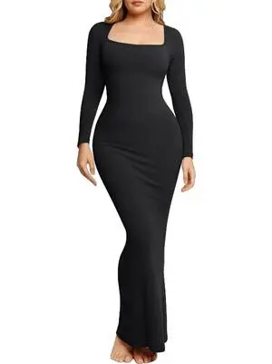 POPILUSH Shapewear Square Neck Long Sleeve Slimming Modal Maxi Dress - Jet