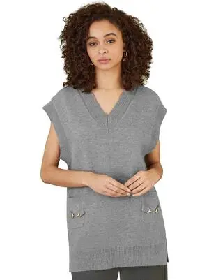 YUMI Knitted V-neck Vest Tunic - Grey