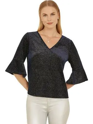 YUMI Fluted Sleeve Relaxed Fit Top - Navy