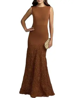 Mac Duggal Sleeveless Boat Neck Lace Mermaid Gown - Nutmeg