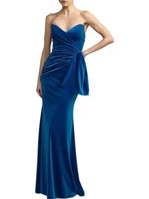 MAC DUGGAL Strapless Velvet Draped Column Gown