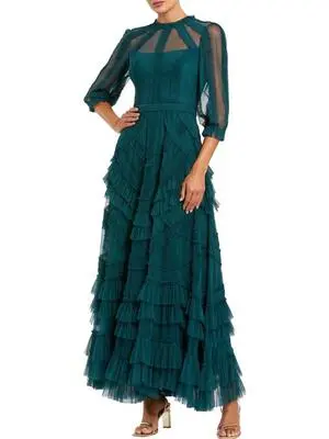 Mac Duggal Petite 3/4 Sleeve Mesh Ruffle Gown - Teal