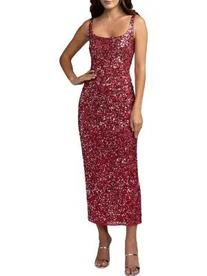 Mac Duggal Mac Duggal Sleeveless Sequin Scoop Neck Midi Dress Red