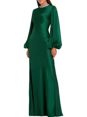 Mac Duggal Beaded High Neck Bishop Sleeve Satin Gown - Emerald
