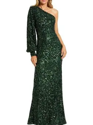 MAC DUGGAL Sequined One Shoulder Bishop Sleeve Trumpet Gown