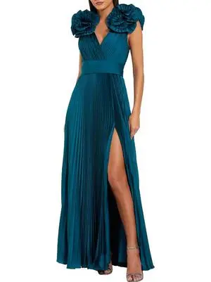 MAC DUGGAL Pleated Charmeuse V Neck Gown With Ruffle Detail