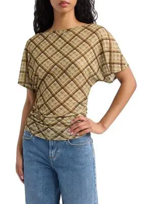 BDG URBAN OUTFITTERS Slash Neck Ruched Mesh Top - Green Check