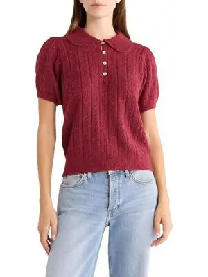 Marine Layer Sophie Pointelle Knit Polo Sweater - Cabernet