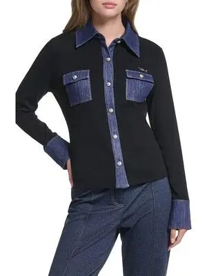 Karl Lagerfeld Paris Denim Accent Knit Shirt - Black
