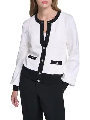 Karl Lagerfeld Paris Jacquard Pattern Crewneck Cardigan - Soft White/black
