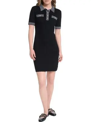Karl Lagerfeld Paris Tweed Johnny Collar Sweater Dress - Black/soft White