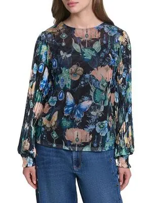 Karl Lagerfeld Paris Floral Long Sleeve Knit Top - Black Multi