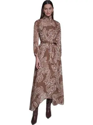 Halston Long Sleeve Paisley Printed Chiffon Midi Dress - Tan Multi