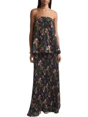 Cinq À Sept Ros Strapless Pleated Maxi Gown - Black Multi