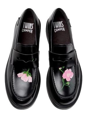 Camper Dean Twins Leather Loafers With Floral Embellishment - Black
