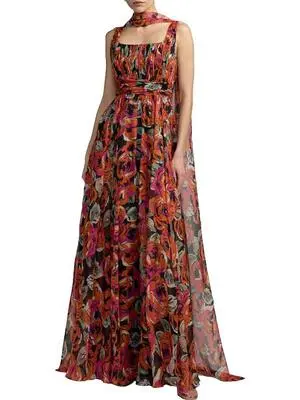 Mac Duggal Floral Chiffon A-line Gown With Scarf Rose