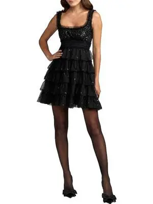 Mac Duggal Sequin Tiered Ruffle Mini Dress - Black