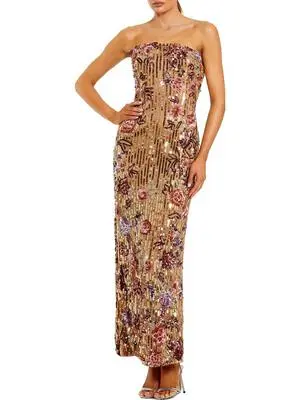 Mac Duggal Petite Floral Embellished Strapless Column Dress - Gold Multi