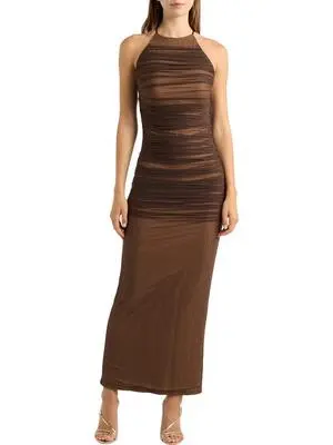 Line & Dot Marceline Mesh Halterneck Ruched Maxi Dress - Brown