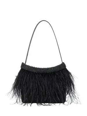 Staud Winslow Feather Trim Leather Shoulder Bag Black