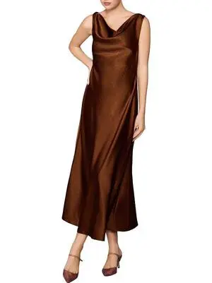 MELLODAY Drape Front Satin Midi Dress - Brown